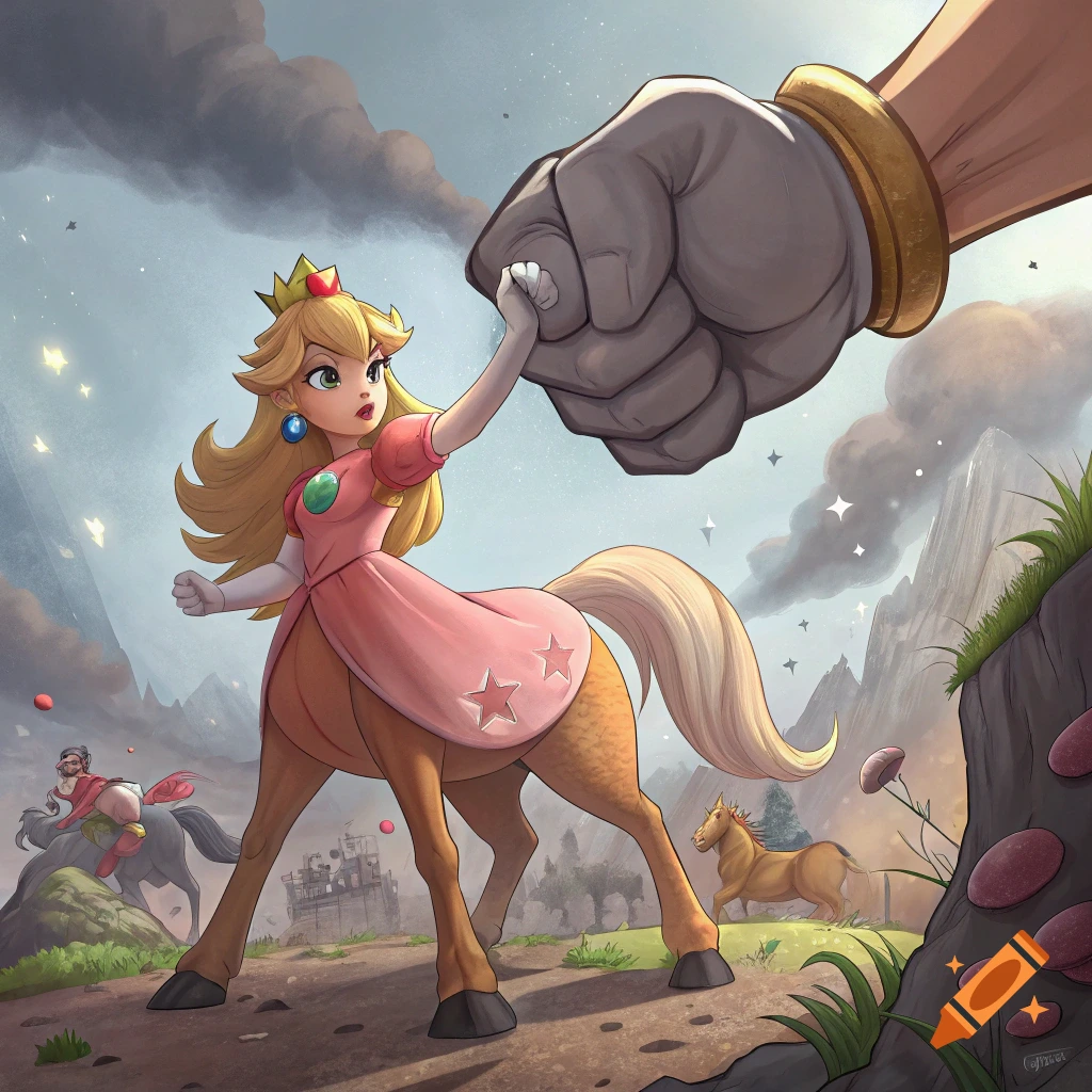 Illustration of Princess Peach as a centaur reaching up to a giant fist in a fantasy landscape ...