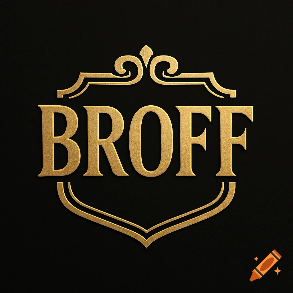 Gold logo with the word BROFF in a decorative shield shape on a black ...