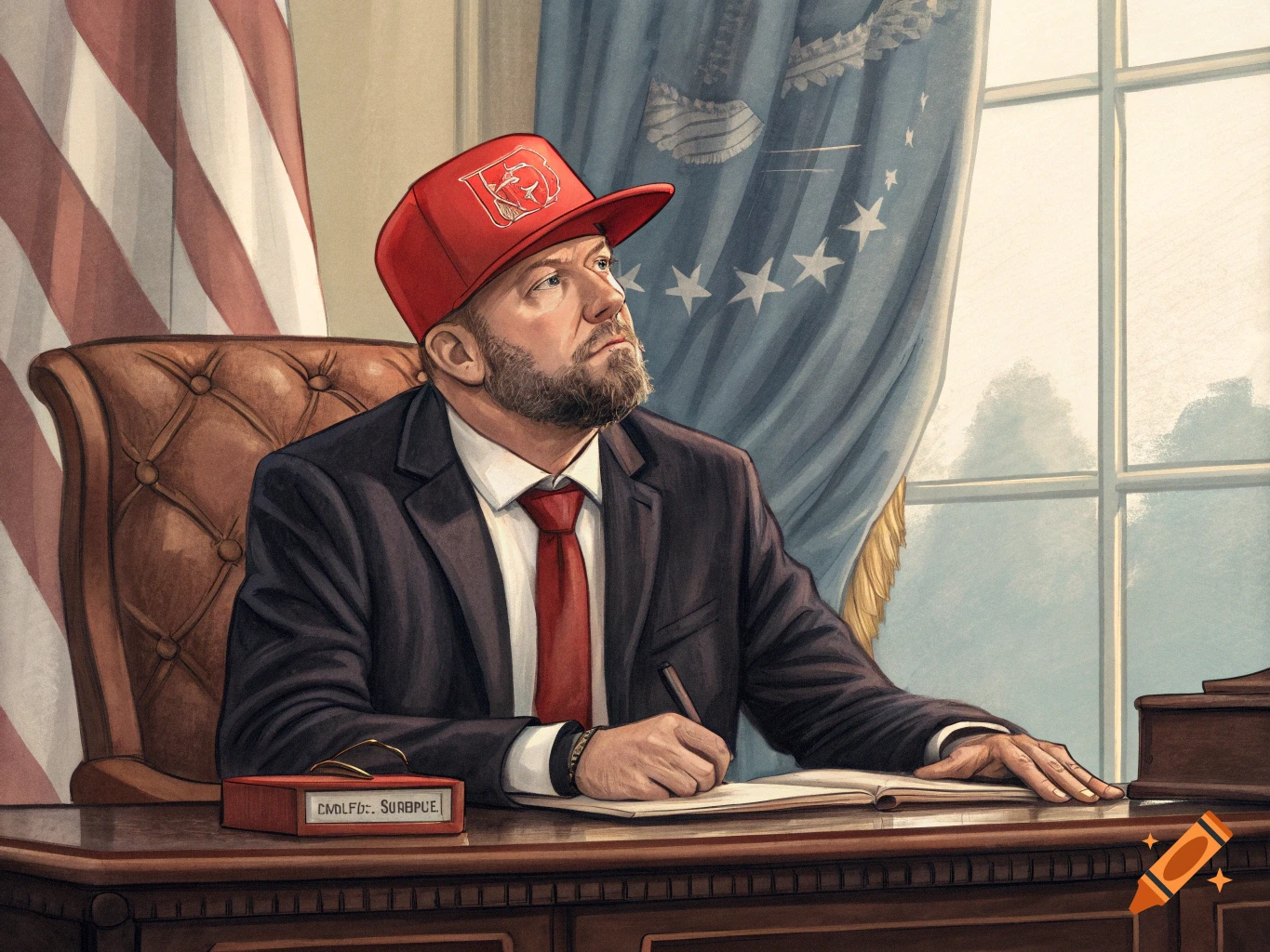 A man resembling Fred Durst in a suit and red hat sits at a desk ...