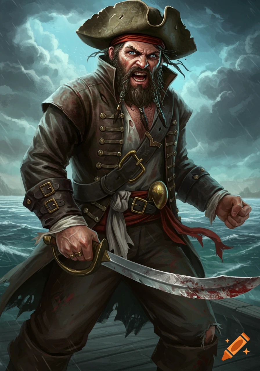 Illustration of an angry pirate with a bloody sword standing on a deck ...