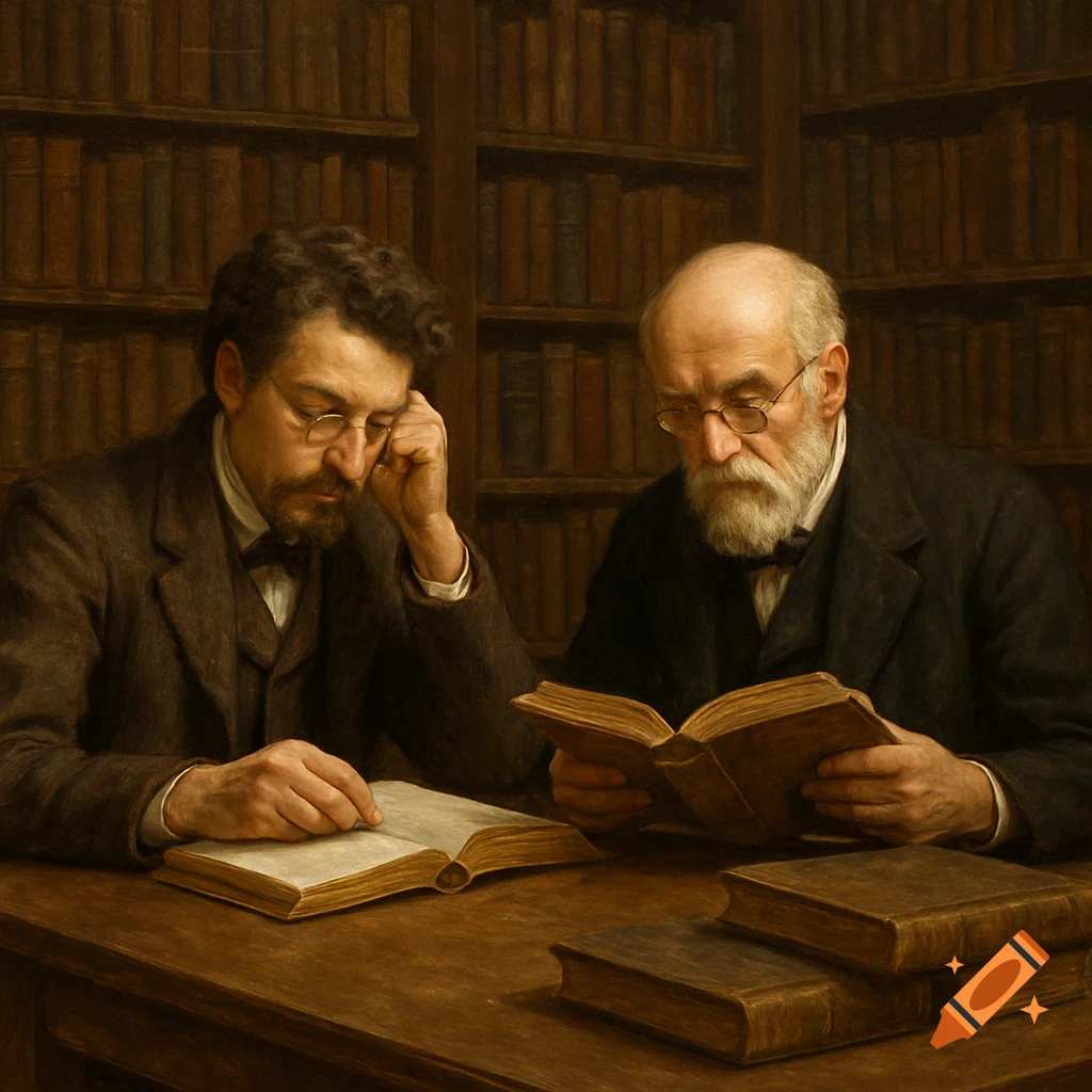 Two intellectual men read books at a table in a library, painted in a ...