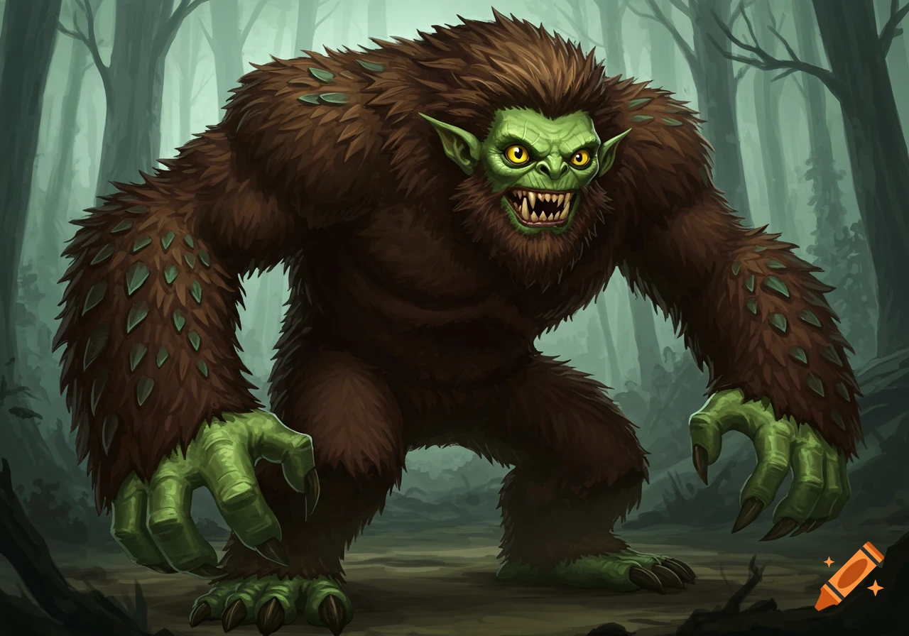A furry brown monster with green skin, sharp teeth, and green scales on ...