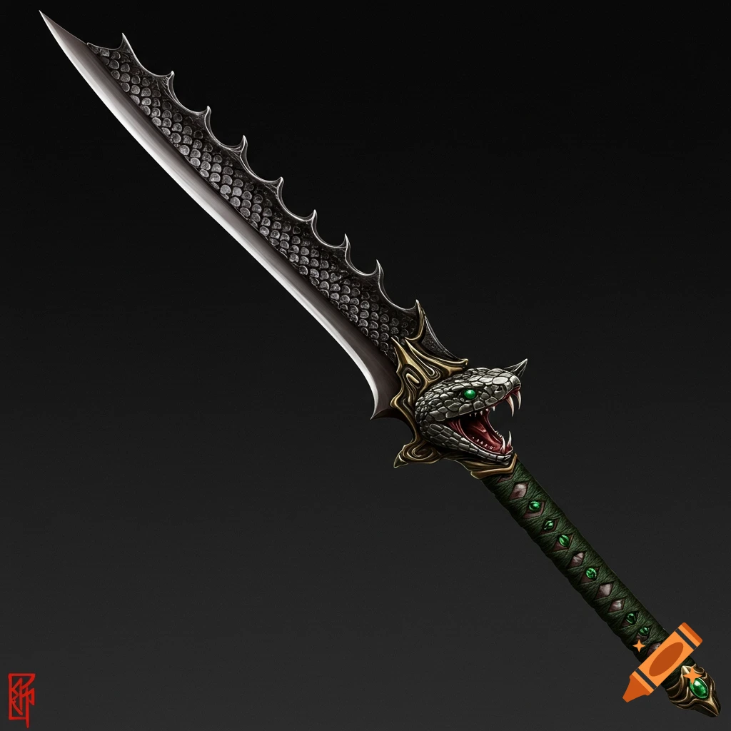 Fantasy sword with snake head hilt and scale-patterned blade. on Craiyon