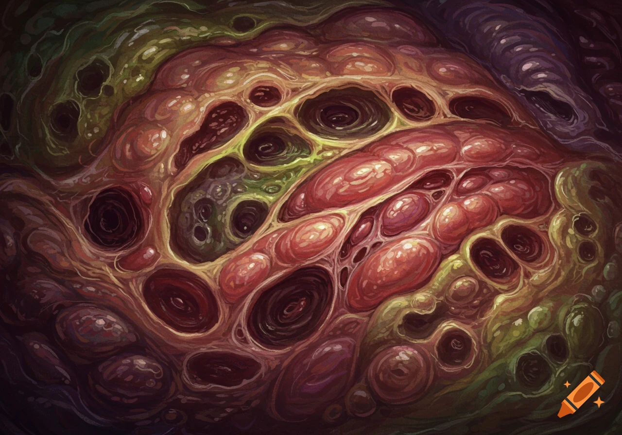 Abstract close-up of fleshy, organic forms with holes in a dark ...