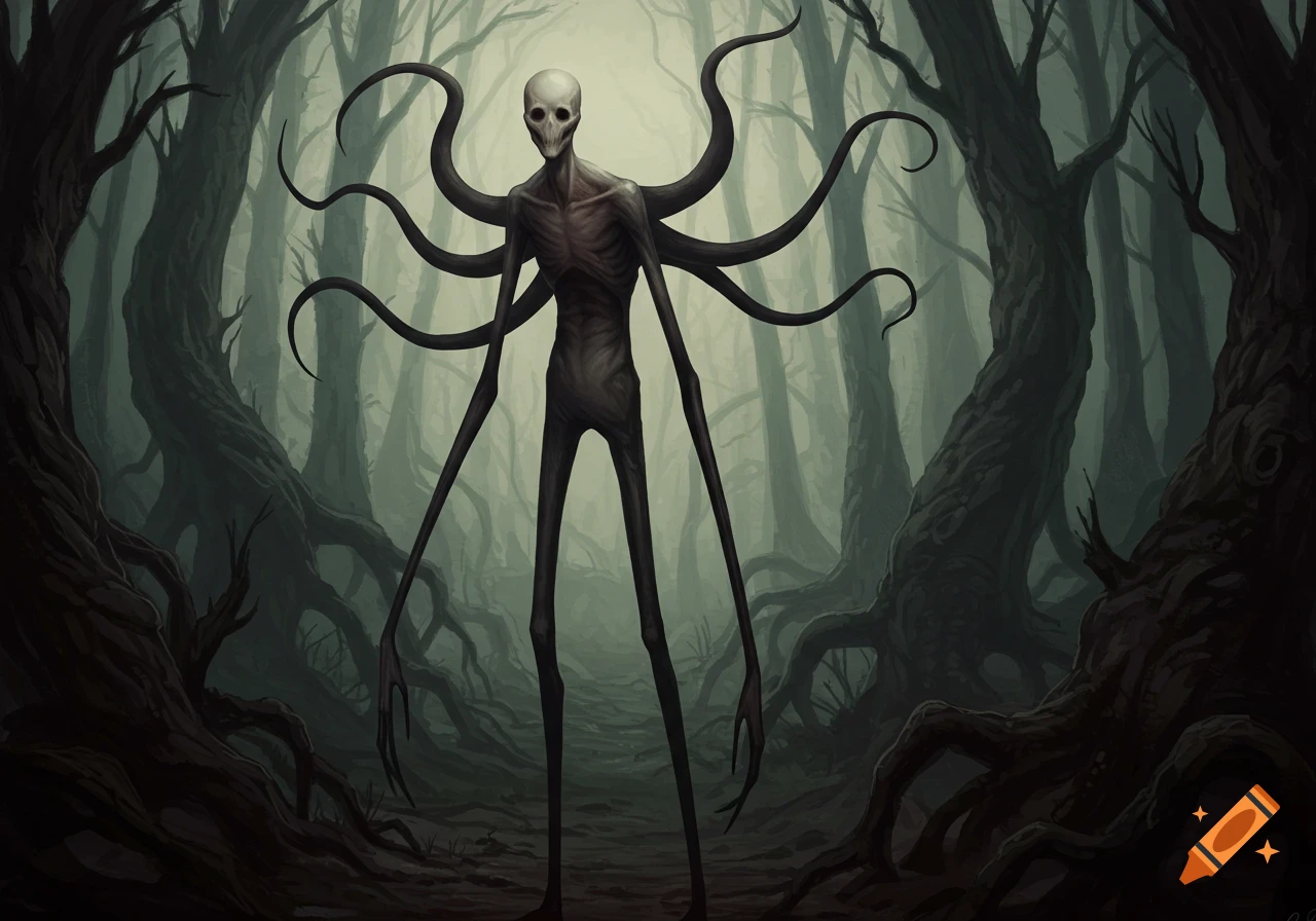 A tall, skeletal creature with tentacles stands in a dark, misty forest ...