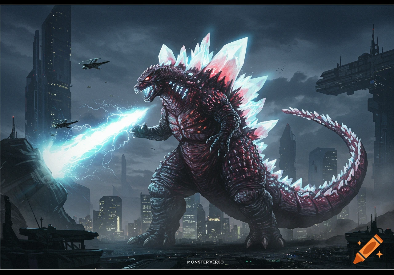 A large monster resembling Godzilla stands in a ruined futuristic city ...