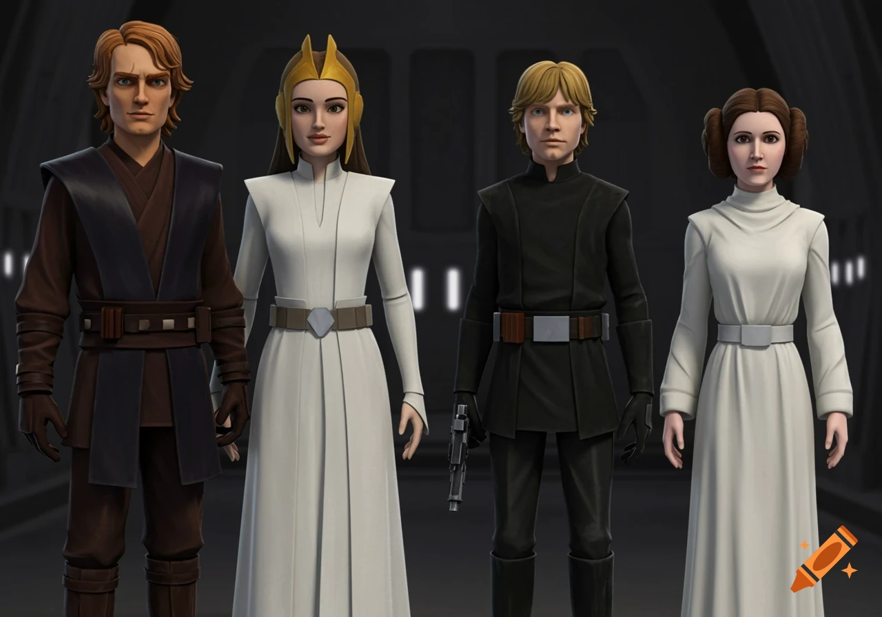 Animated image of four Star Wars characters: Anakin, Padme, Luke, and ...