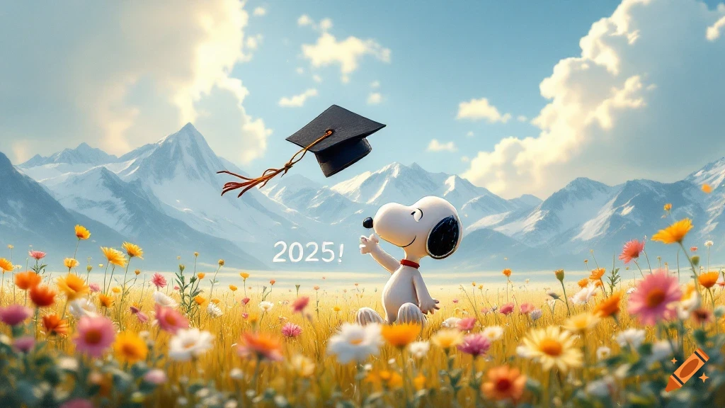 Snoopy sits in a field of flowers, throwing a graduation cap into the ...