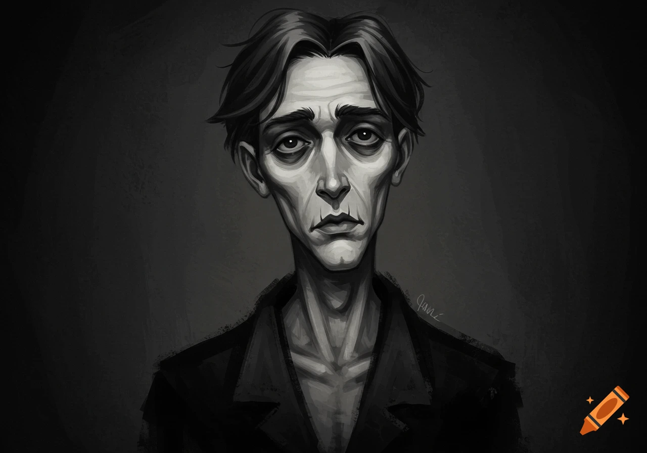 Grayscale stylized portrait of a gaunt man with sunken eyes. on Craiyon