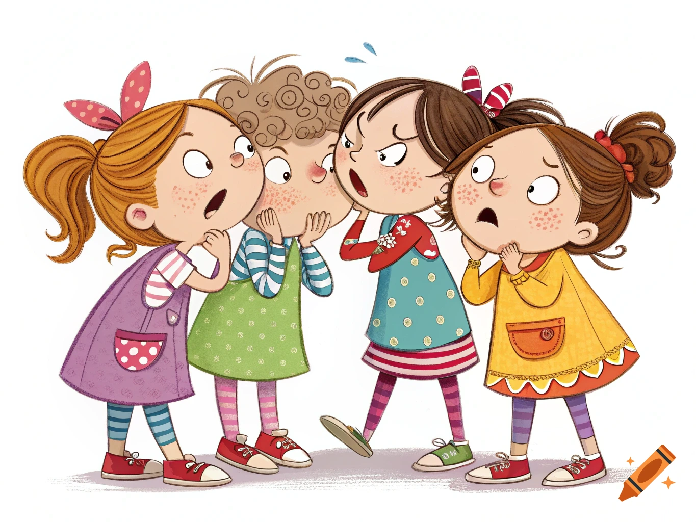 Four cartoon girls whispering with surprised expressions on Craiyon