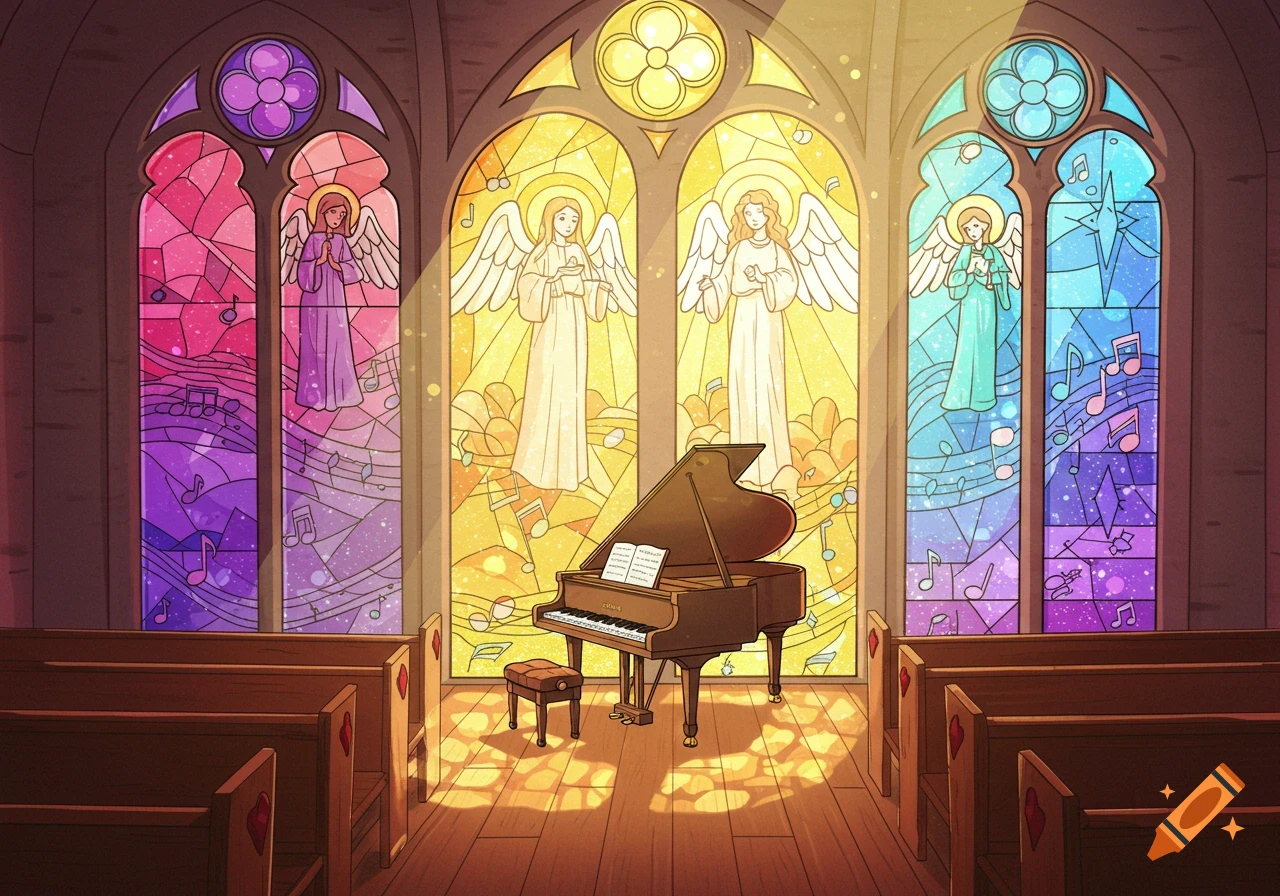 Cartoon chapel interior with stained glass windows depicting angels and ...