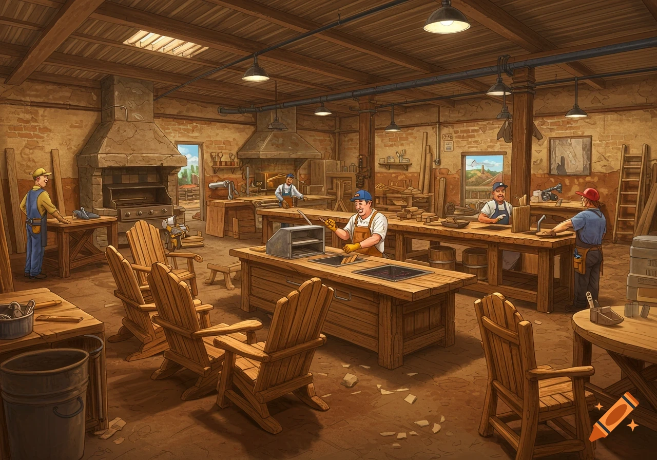 Carpenters building furniture in a rustic woodworking workshop. on Craiyon