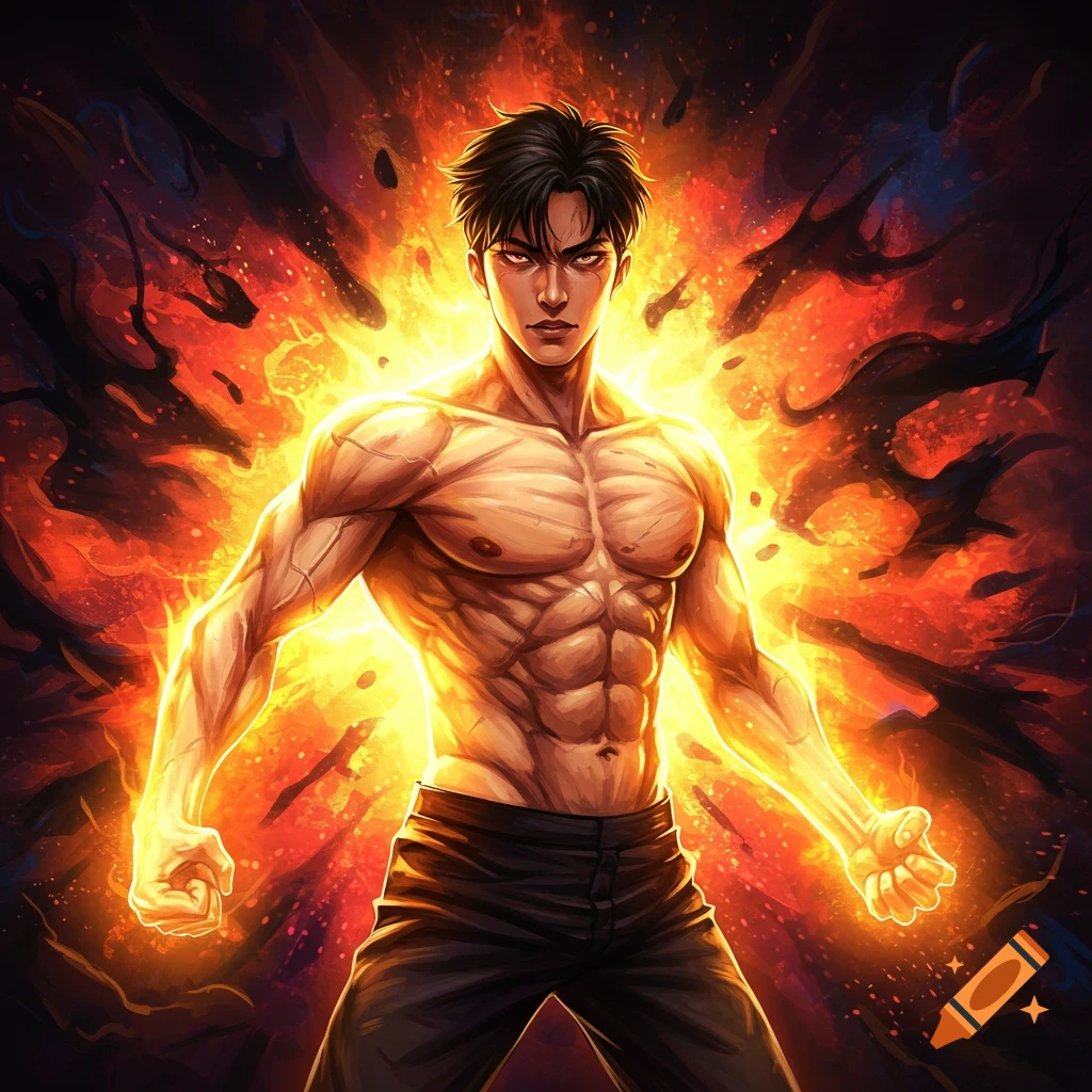 Anime illustration of a muscular man surrounded by fire powering up. on ...
