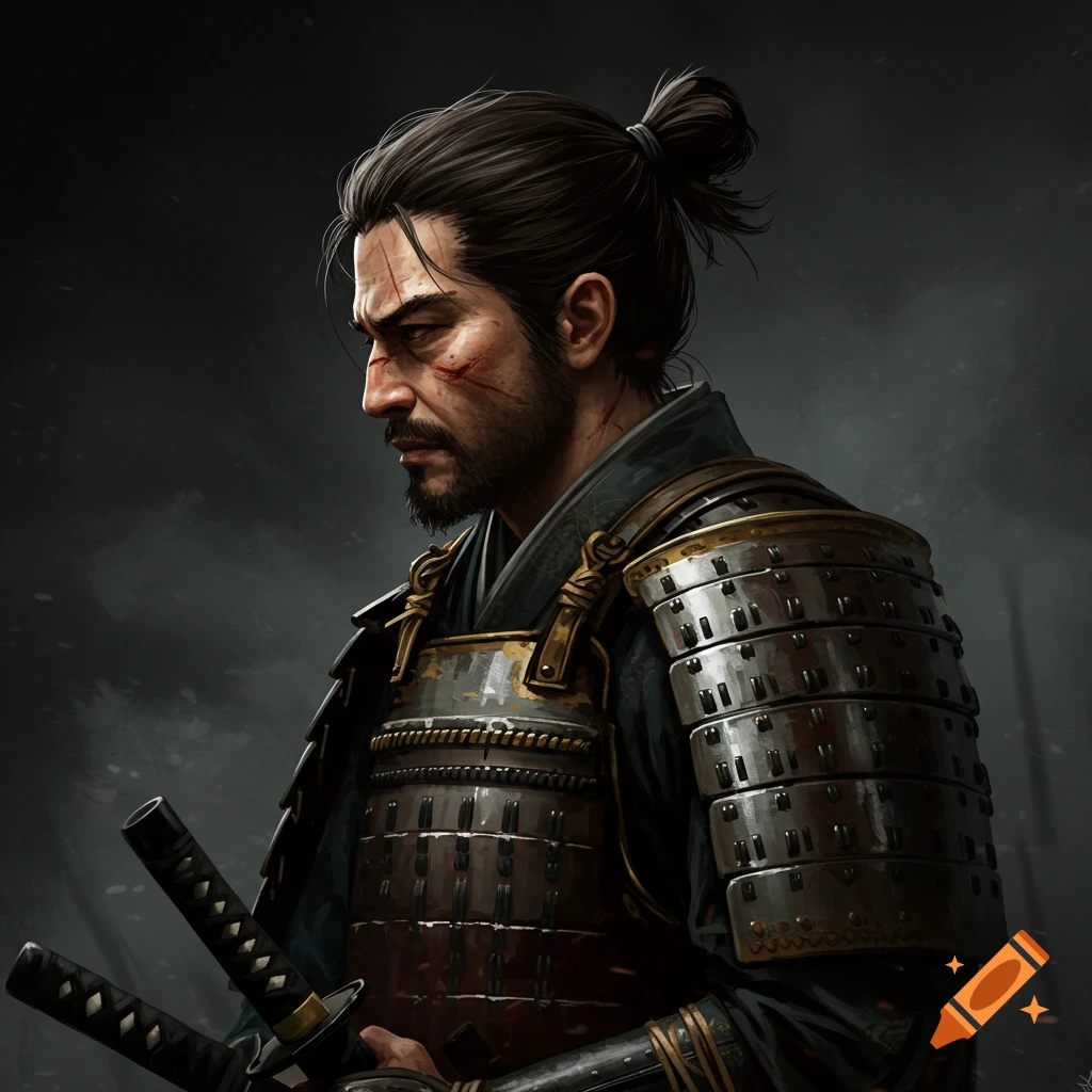 Profile portrait of a samurai warrior with battle scars, wearing armor ...