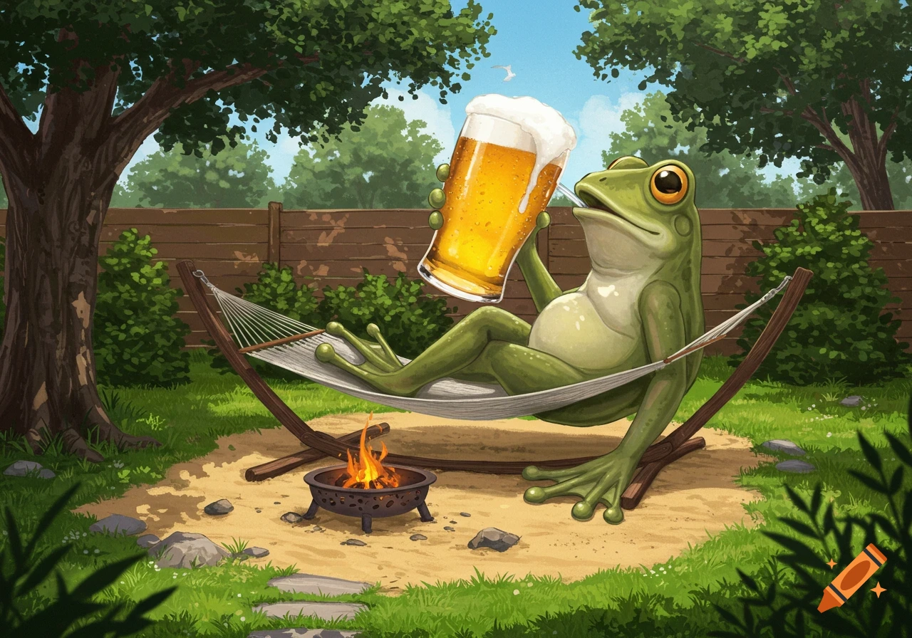 Cartoon frog lounges in a hammock in a backyard, drinking a large glass ...