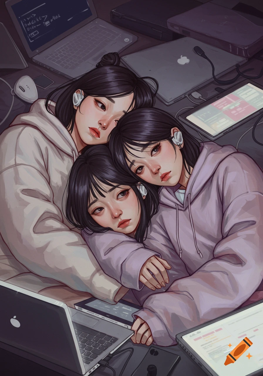 Illustration of three tired girls surrounded by laptops and tablets. on ...
