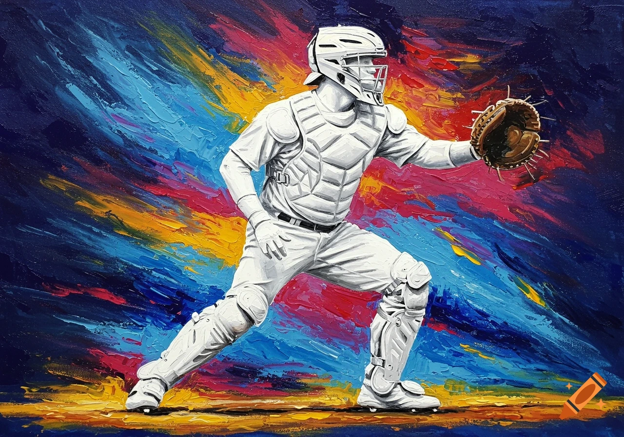 Painting of a baseball catcher in protective gear, in an action pose ...