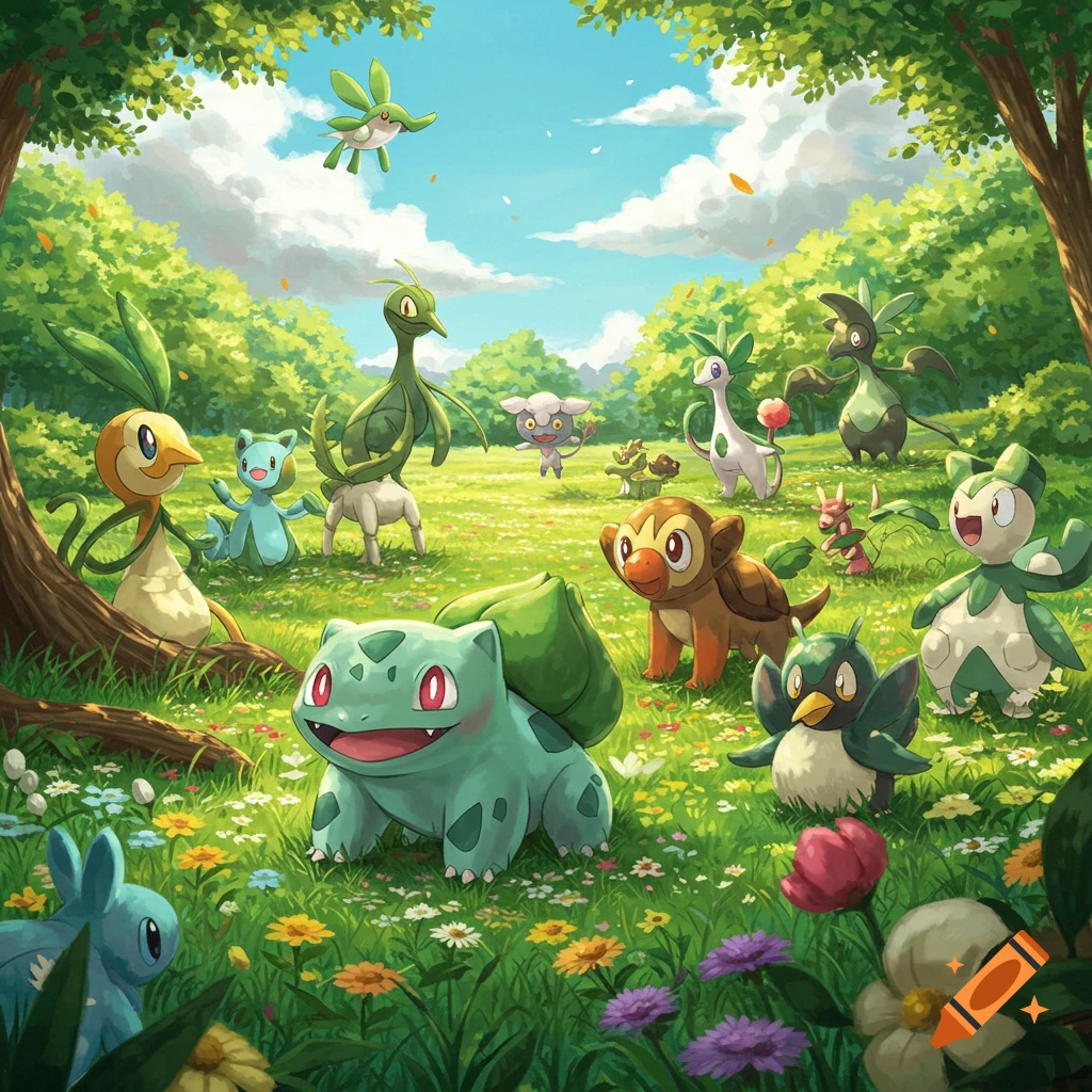 Various cartoon Pokémon characters standing in a sunny grassy field ...