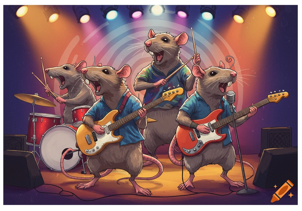 Cartoon illustration of a band of four rats playing instruments on a ...