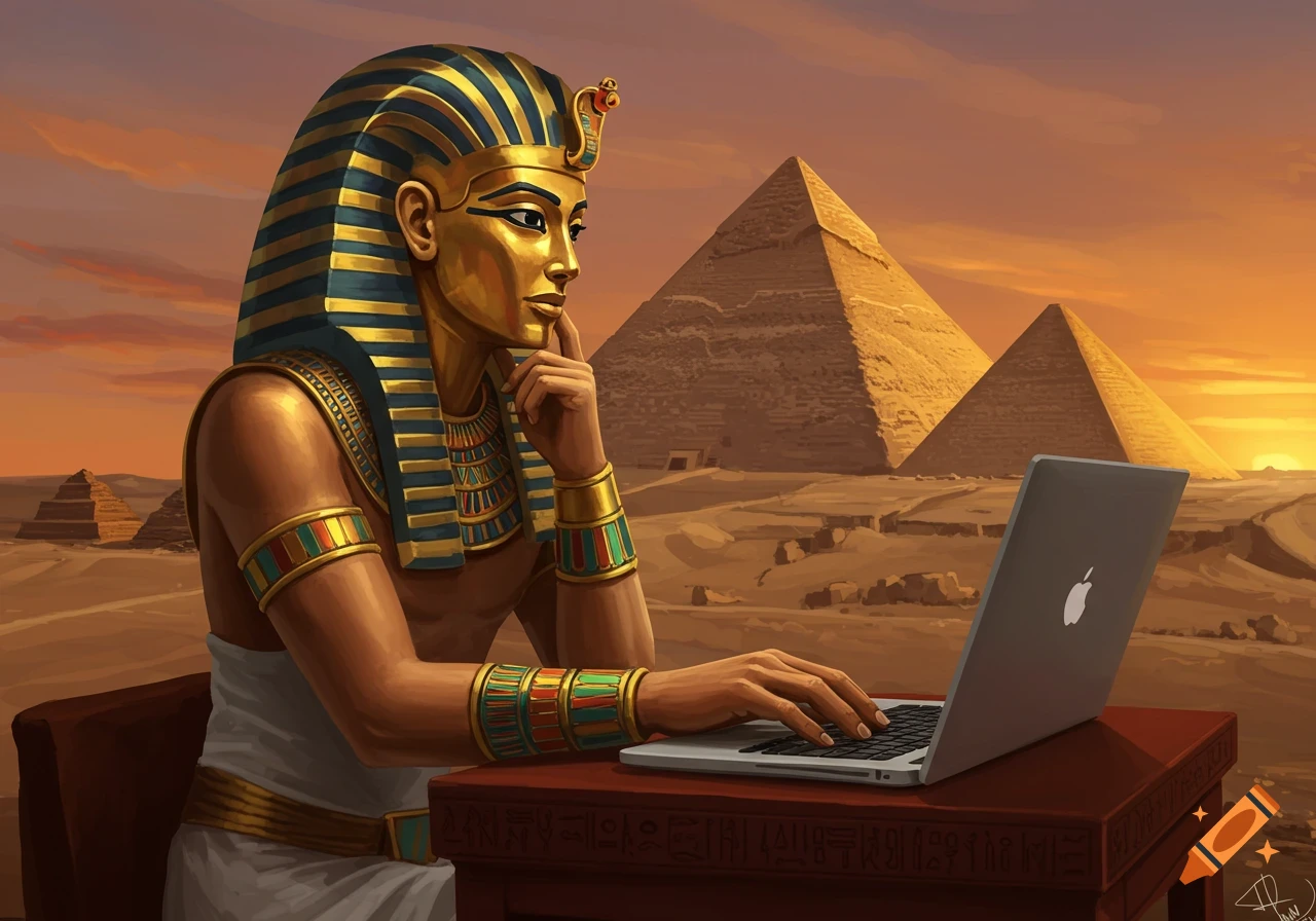 Egyptian pharaoh works on a laptop in front of the pyramids at sunset ...