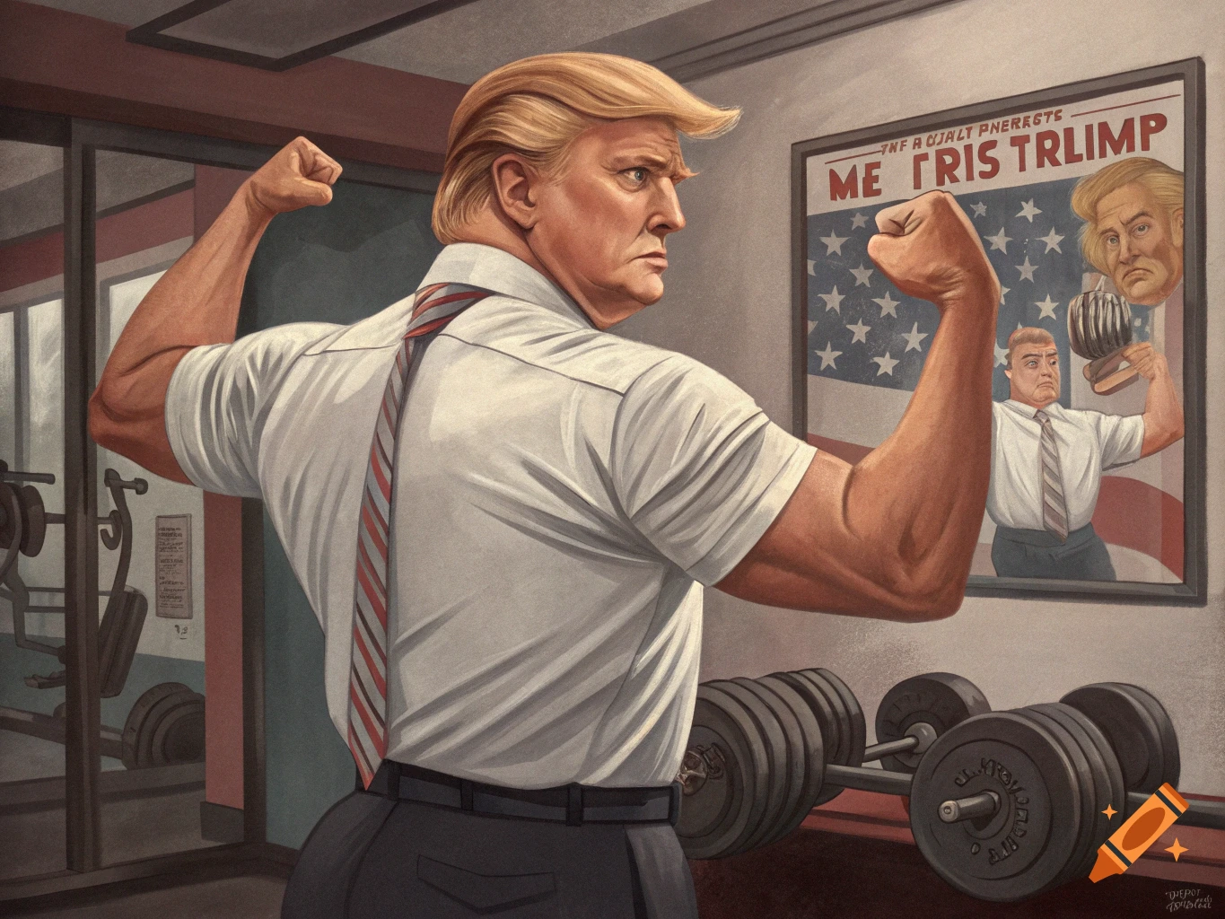 Illustration of muscular Donald Trump flexing in a gym on Craiyon