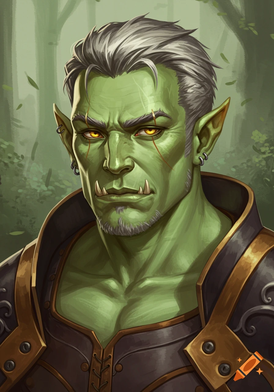 Portrait of a green-skinned half-orc character with grey hair, gold ...