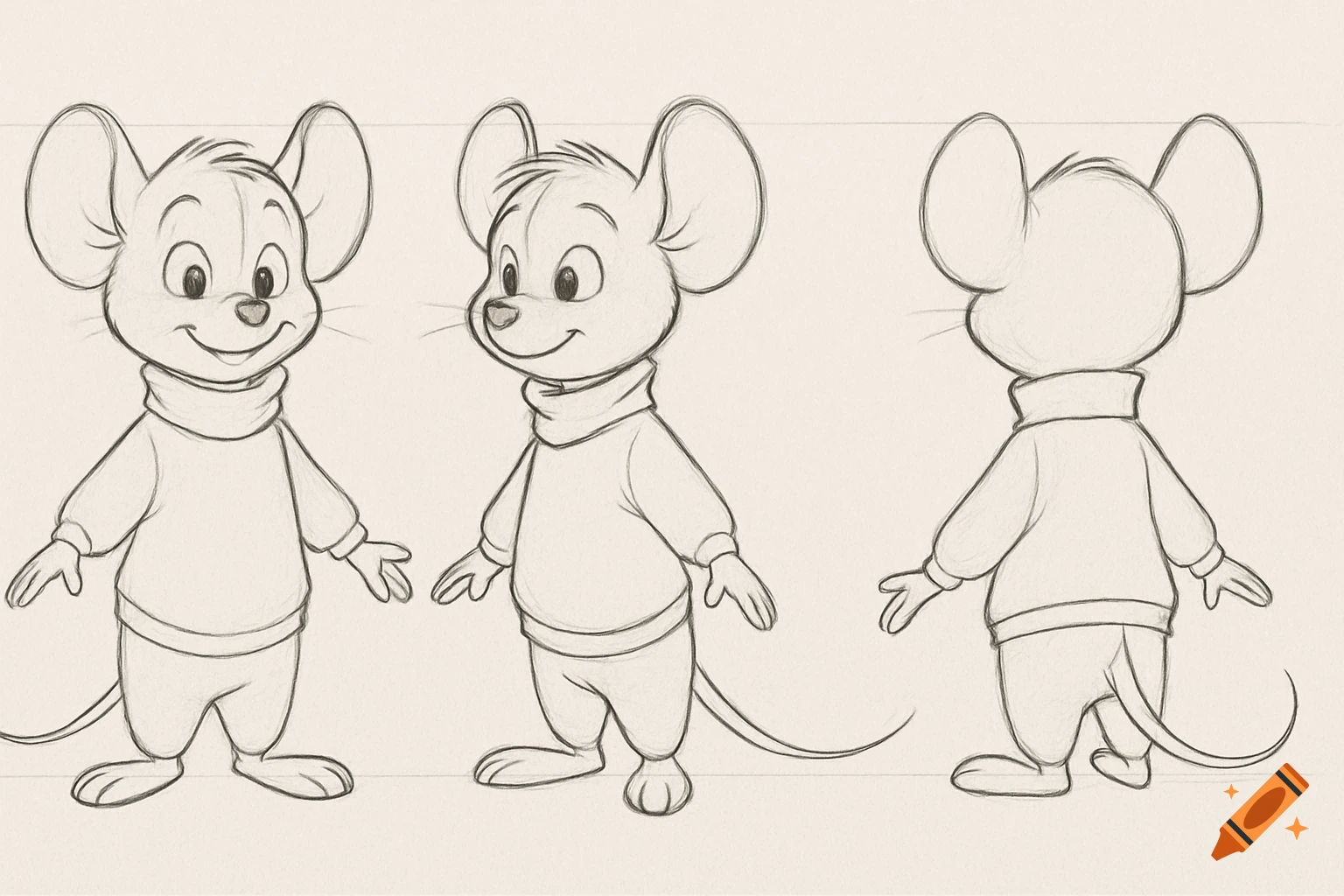 Sketch of a cartoon mouse character turnaround sheet showing front ...