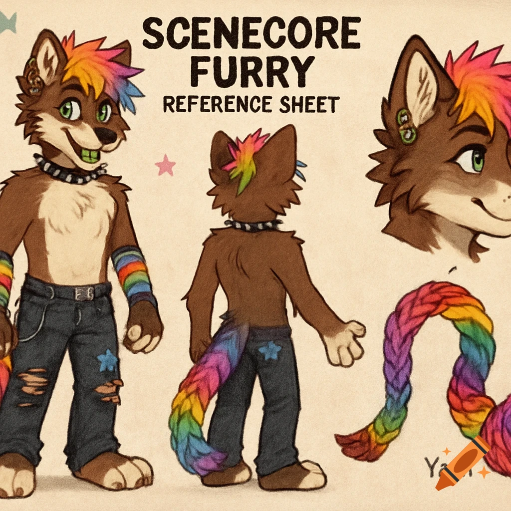 Reference sheet of a brown furry character with rainbow hair, tail, and ...