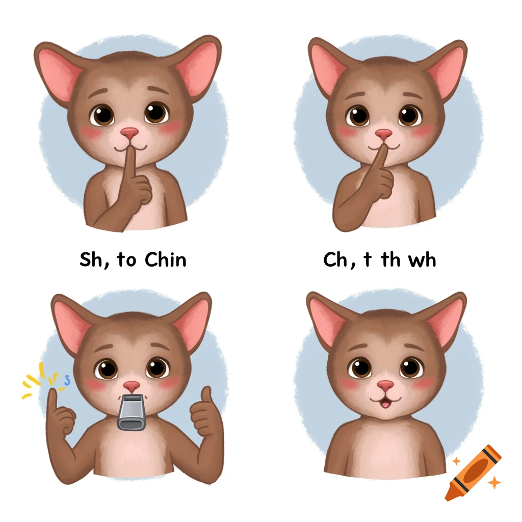 Four cartoon panels of a cute cat demonstrating phonics sounds with ...