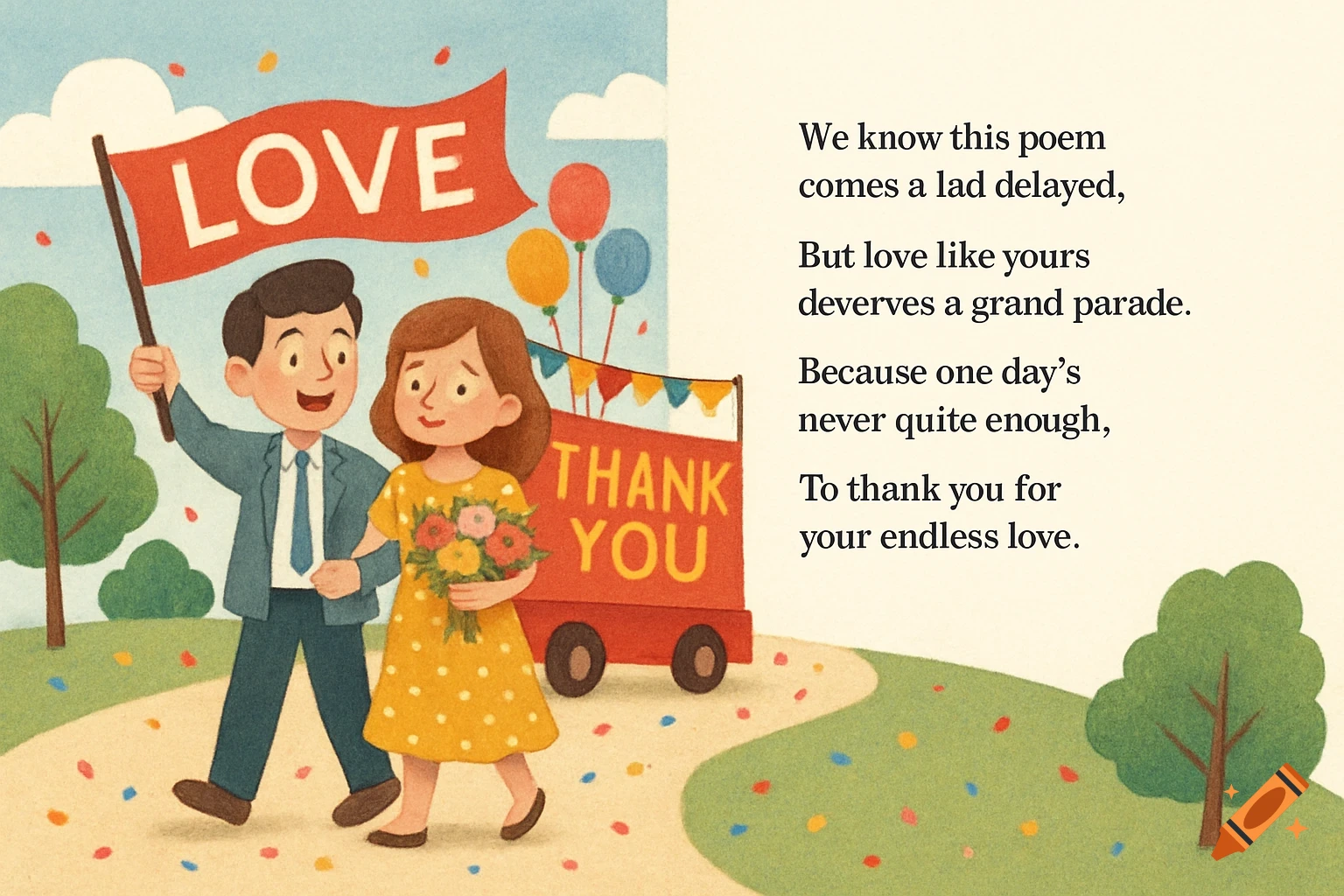 Illustration of a couple walking in a parade holding a 'LOVE' sign ...