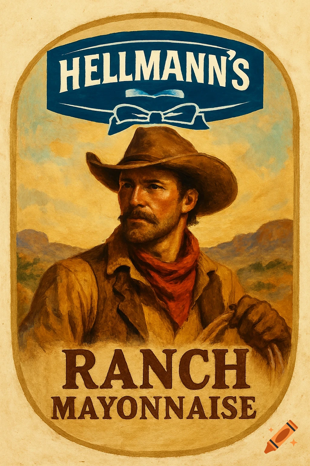 Vintage-style illustration of a cowboy on a Hellmann's Ranch Mayonnaise ...