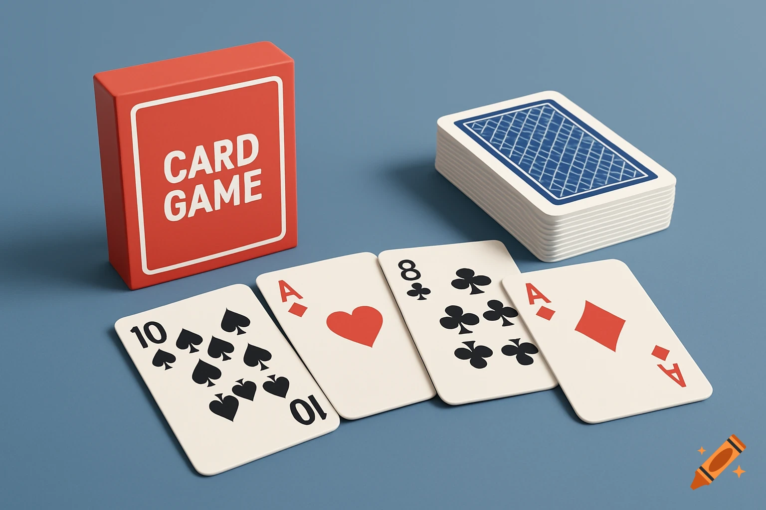3D model of a red card game box, a stack of cards, and four playing ...