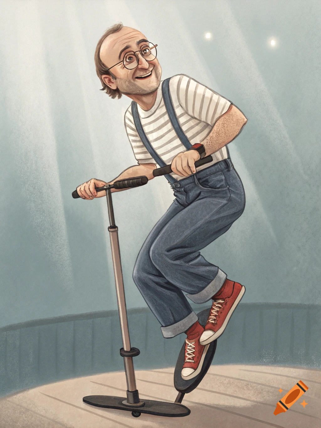 Illustration of a smiling man resembling Phil Collins riding a pogo ...