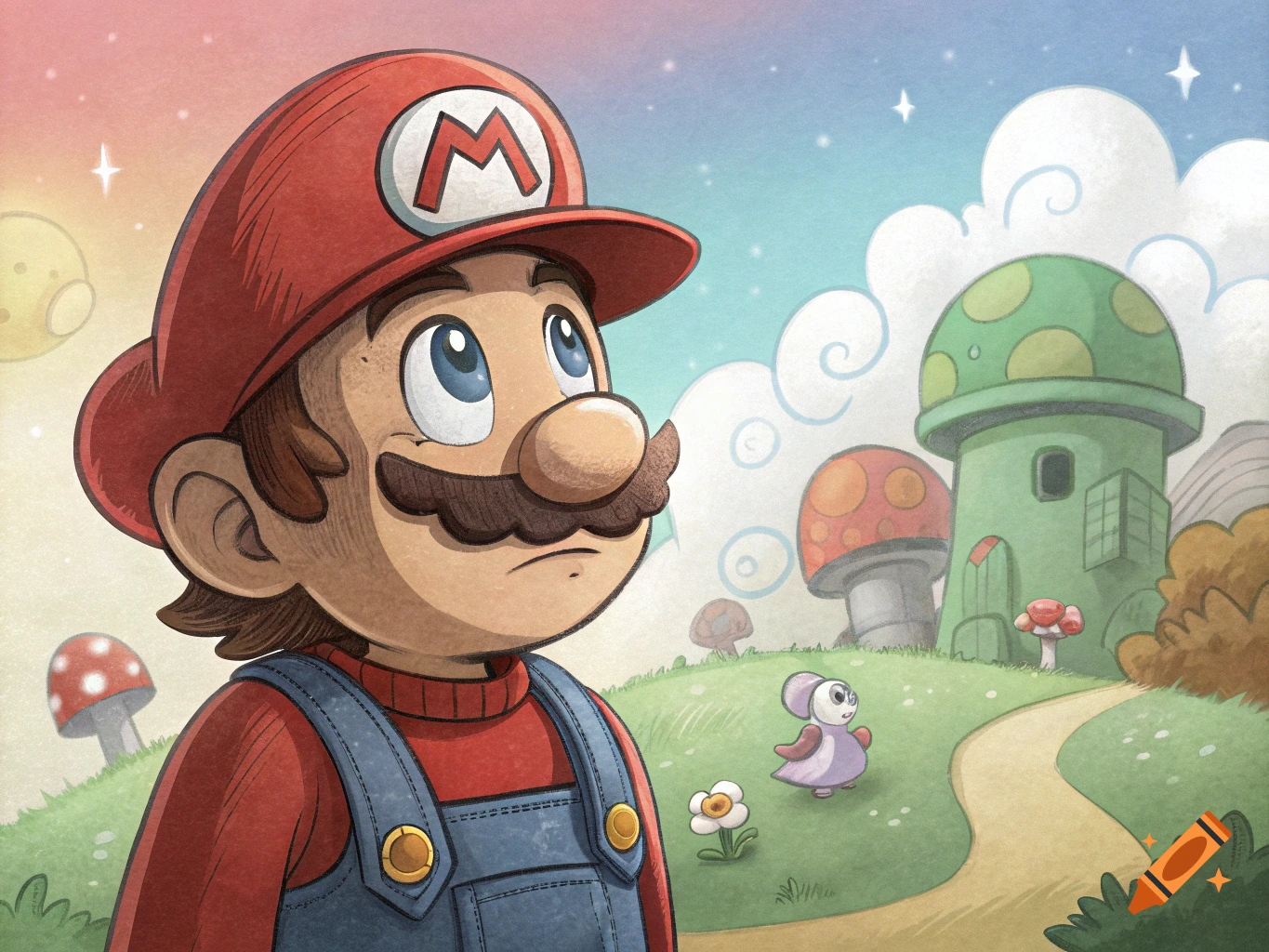 Illustration of Mario looking up in a whimsical fantasy landscape with ...