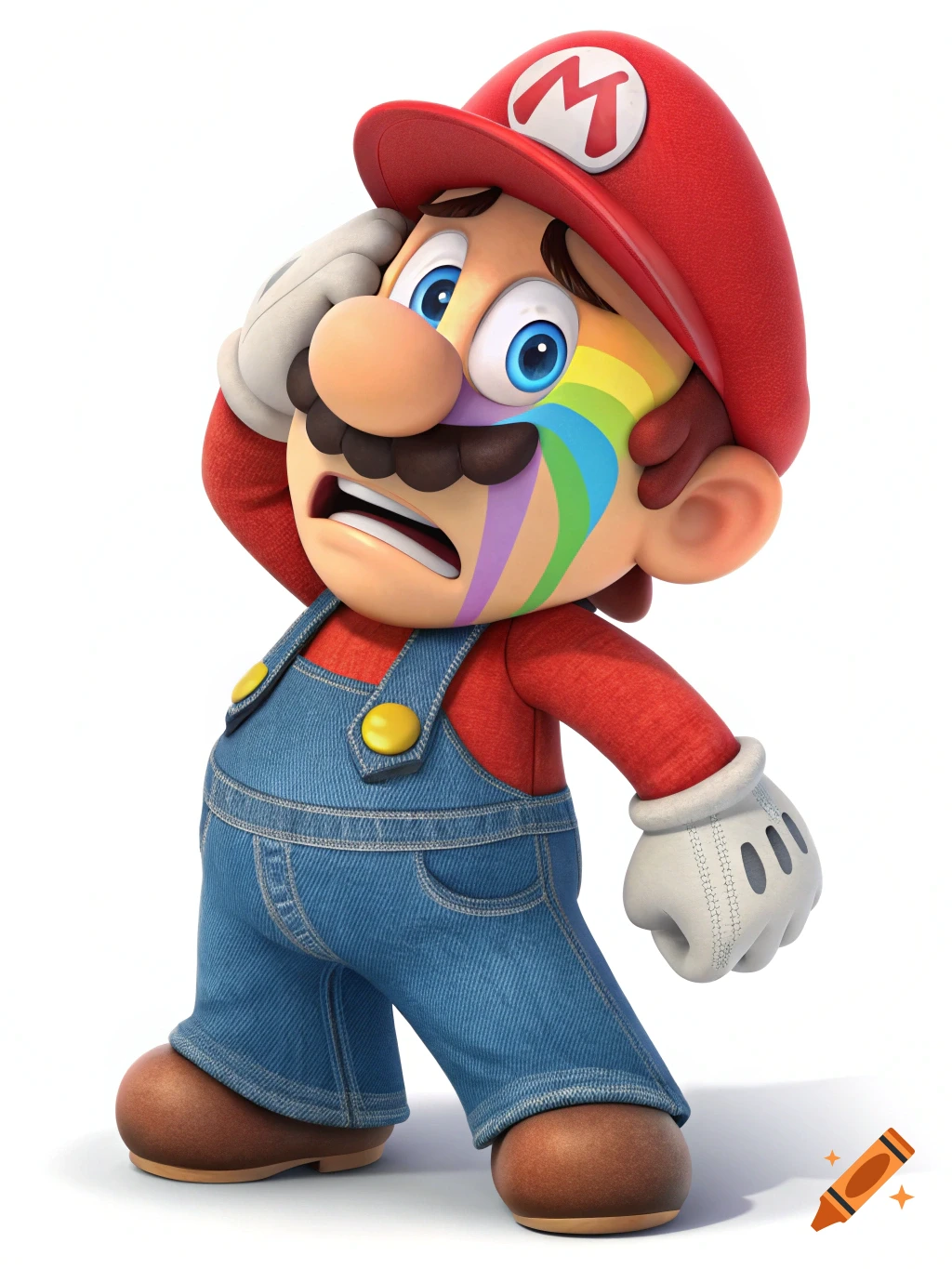 3D render of Mario looking distressed with rainbow paint on his face on ...
