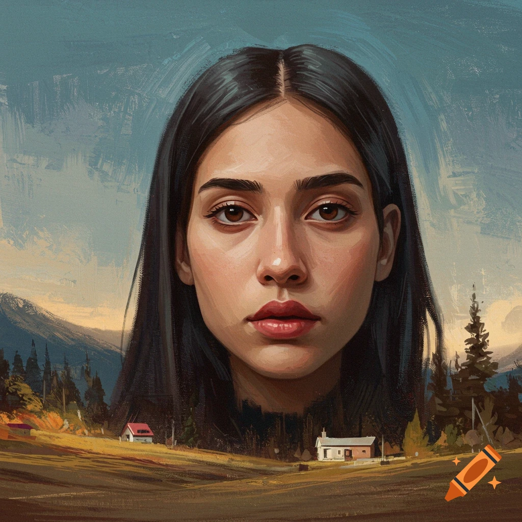 Painterly portrait of a woman's face over a landscape with mountains ...