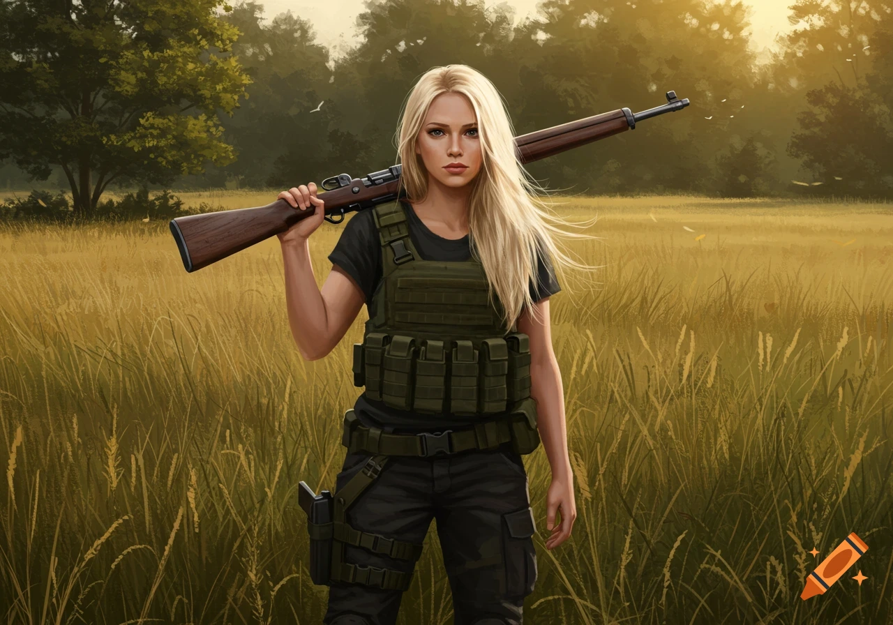 Blonde woman in tactical gear holds a rifle over her shoulder in a ...