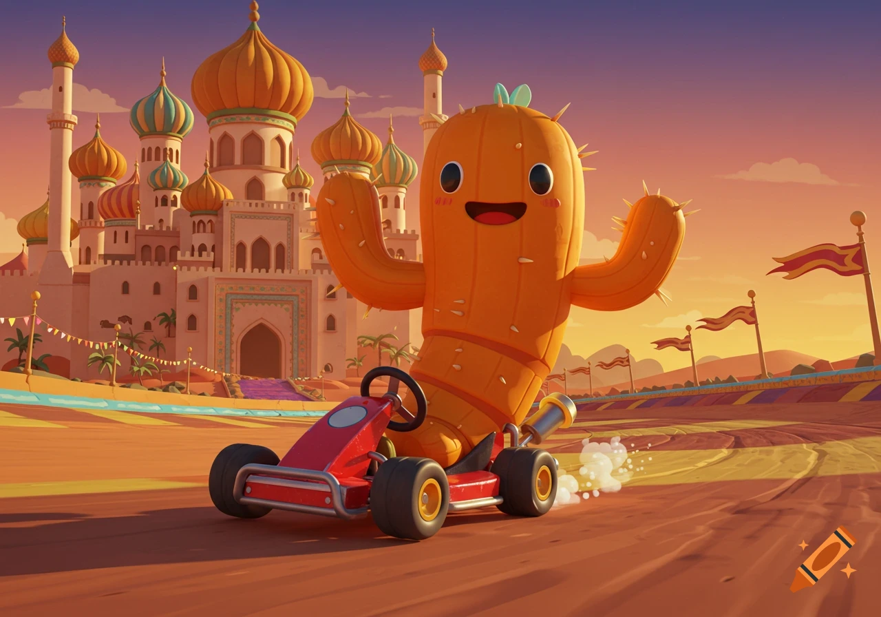 Cartoon cactus driving a red go-kart on a desert race track with a ...