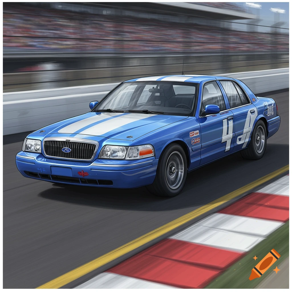 Illustration of a blue Ford Crown Victoria race car with white stripes ...