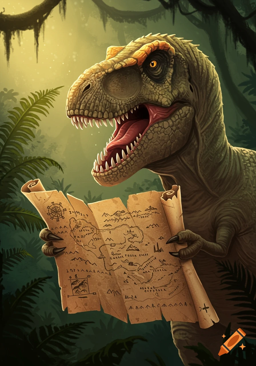 A T. rex dinosaur holds a treasure map in a jungle. on Craiyon