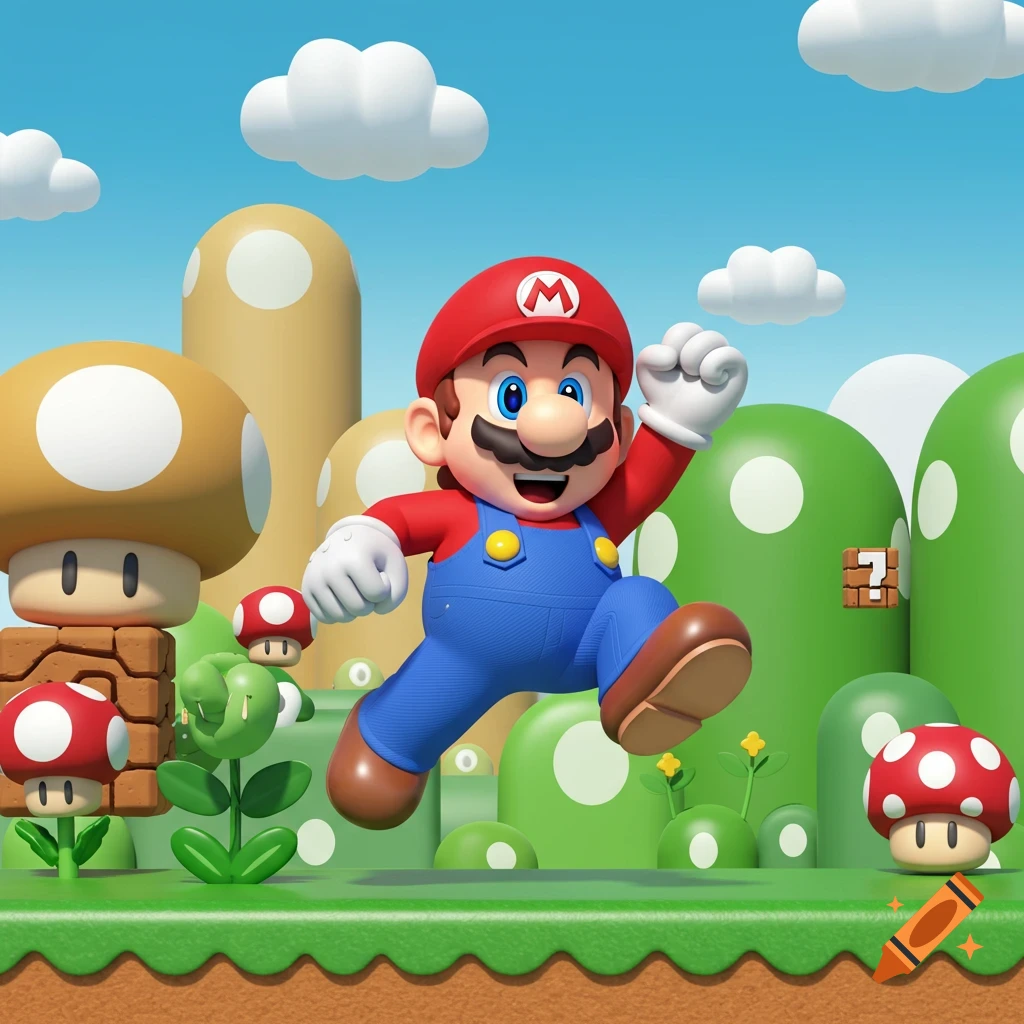 3D render of Super Mario jumping in a classic game environment with ...