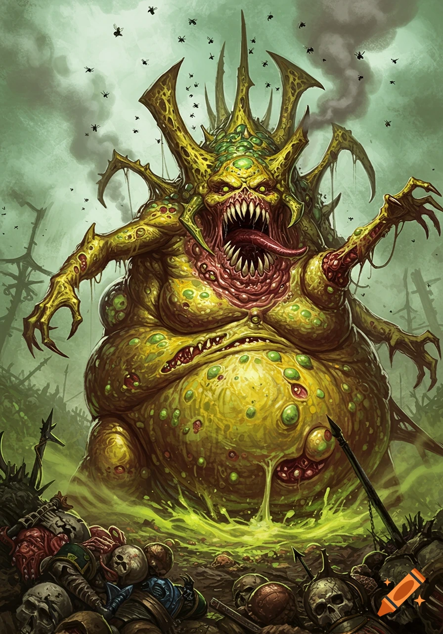 Grotesque green monster with boils, teeth, and tongue, surrounded by ...