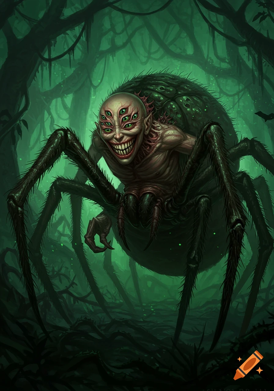 A grotesque spider-human hybrid monster with multiple green eyes and a ...