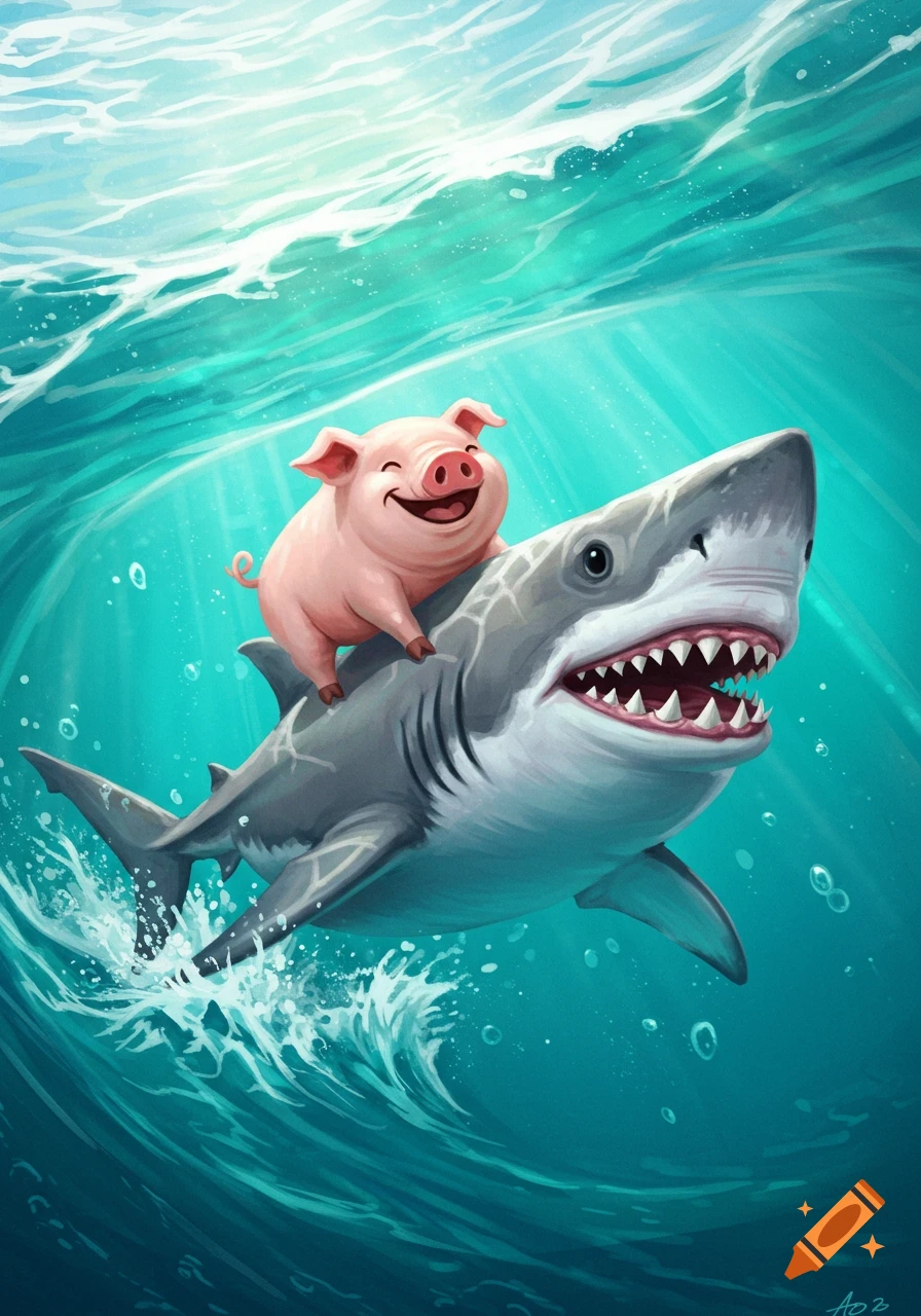 A happy cartoon pig rides a shark underwater. on Craiyon