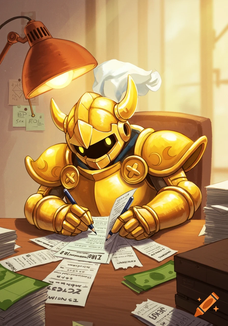 A golden armored knight sits at a desk doing taxes, surrounded by ...