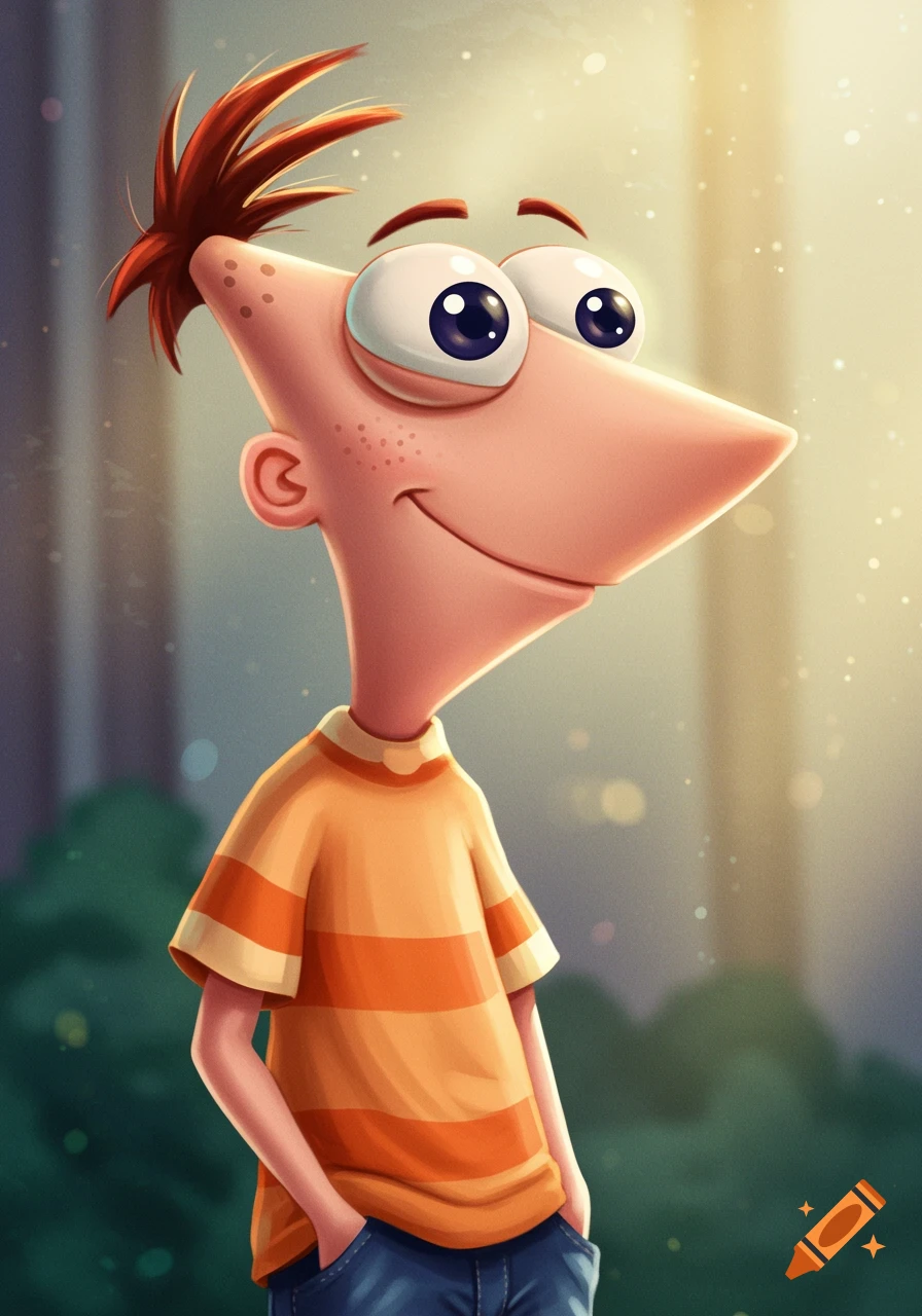 Detailed illustration of Phineas from Phineas and Ferb smiling on Craiyon