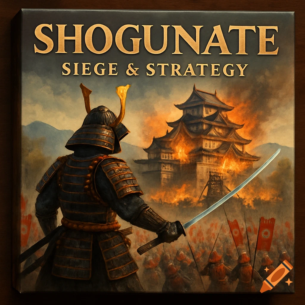 Samurai warrior with sword stands before a burning castle and soldiers ...