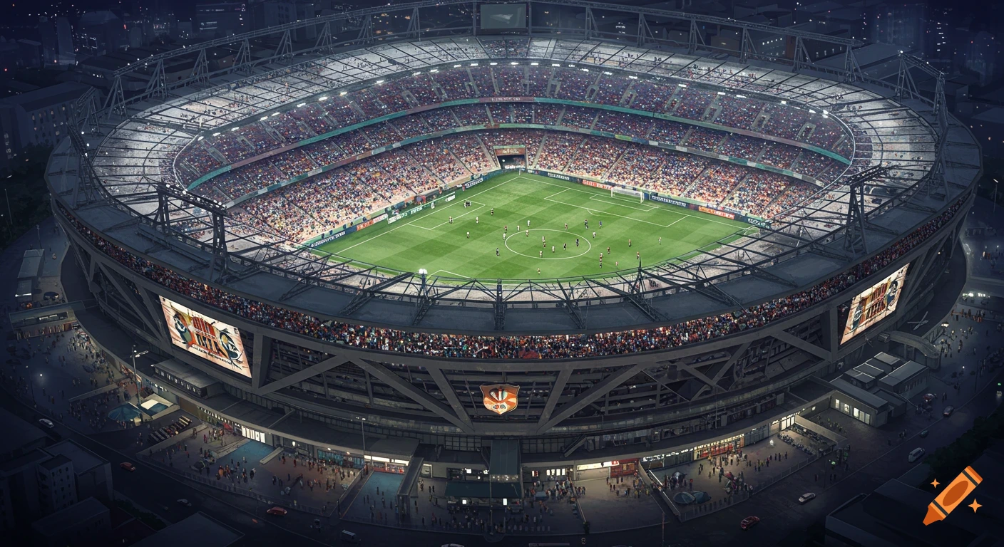 Aerial view of a gigantic soccer stadium filled with spectators ...