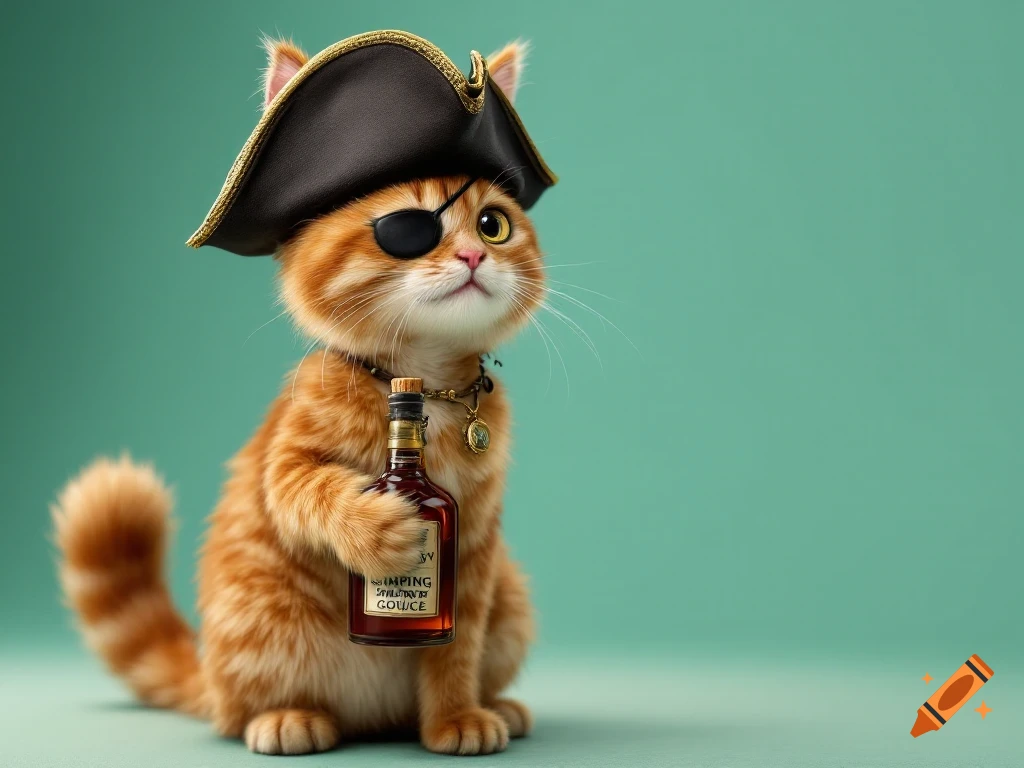 An orange tabby cat dressed as a pirate, wearing a hat and eye patch ...