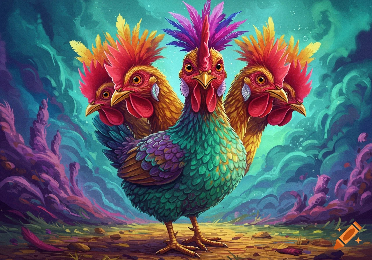 A vibrantly colored stylized chicken with multiple heads stands against ...